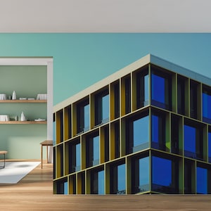 Retro Vibe Wallpaper, Big Blue Windows, Modern Minimalist Building ...