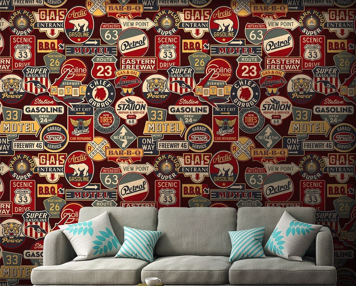 City Advertising & Road Signs Retro Red Vintage Wallpaper [peel and ...