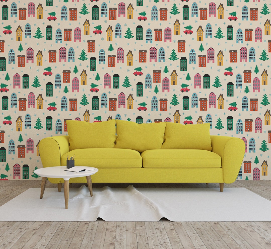 Tenement Houses Cartoon Style Wallpaper, City Buildings Pattern [peel ...