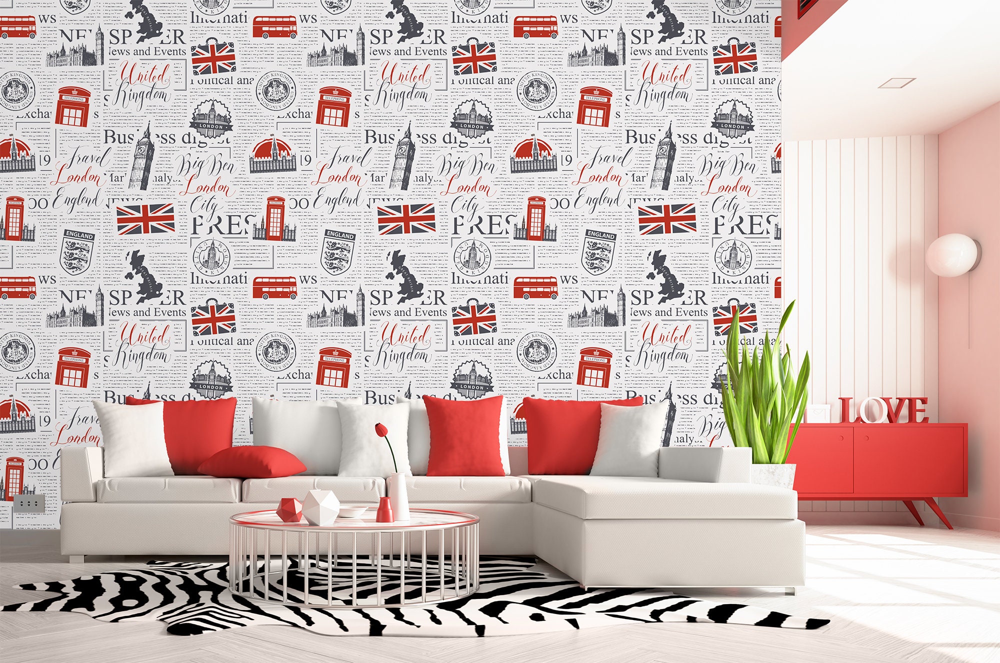 London Newspaper Pattern Wall Mural British Symbols Removable Wallpaper ...