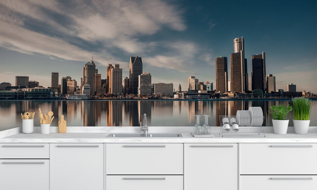 Modern Landscape Wallpaper, Skyscrapers Wall Decor, Detroit, Michigan ...