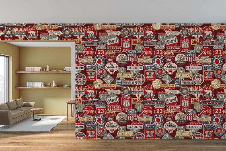 City Advertising & Road Signs Retro Red Vintage Wallpaper [peel and ...