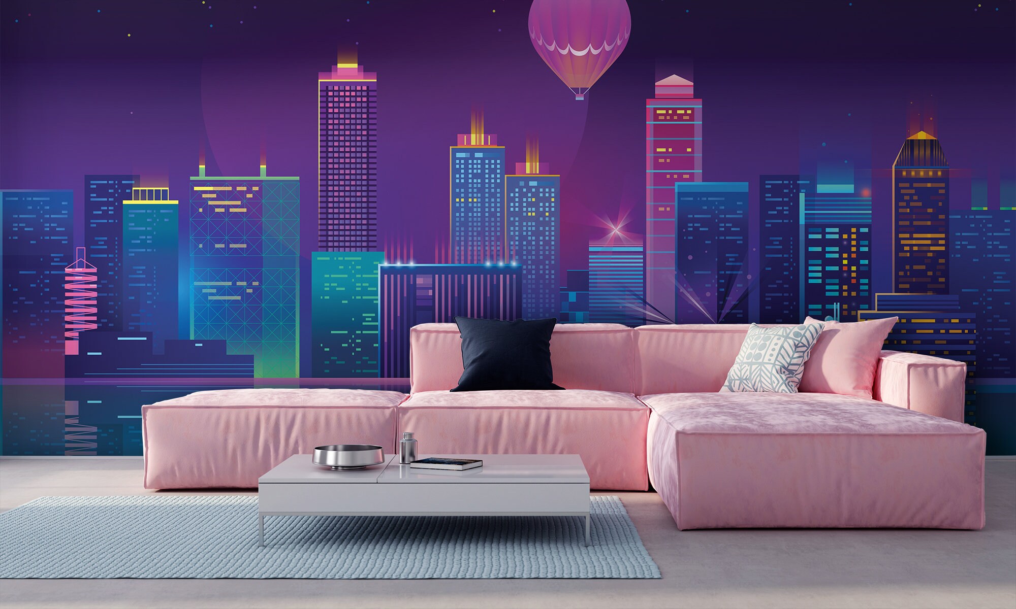 Neon Night City Wall Mural Glowing Skyline Removable Wallpaper Peel and ...