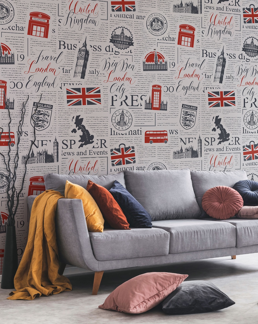 London Newspaper Pattern Wall Mural British Symbols Removable Wallpaper ...