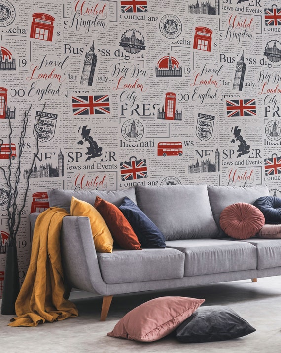London Newspaper Pattern Wall Mural British Symbols Removable - Etsy