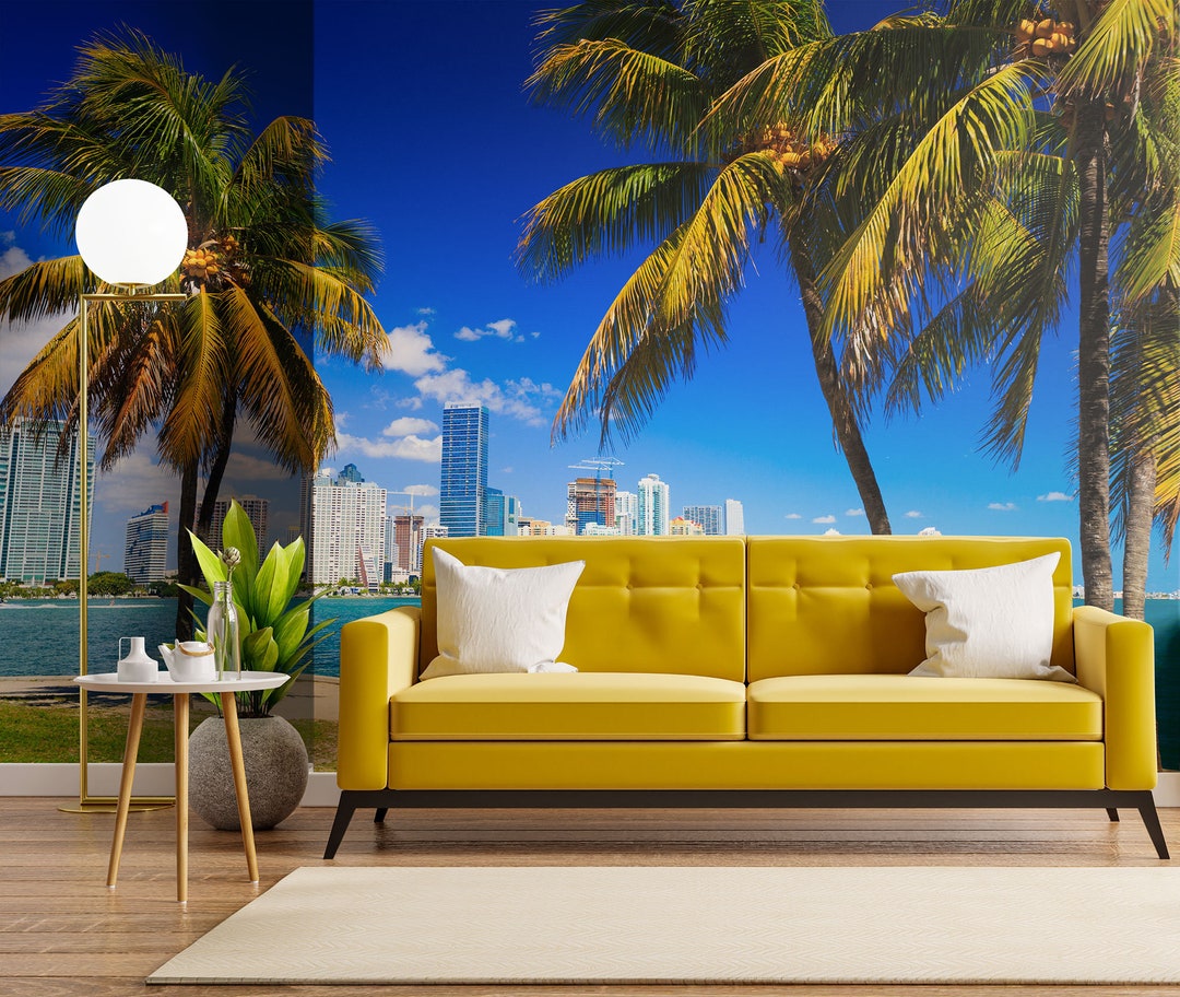 Miami Skyline Wallpaper, Florida Bay, Blue Sky & Palm Trees [peel and ...