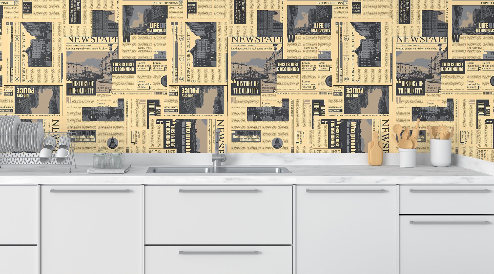 Wallpaper With Collage of Newspaper, Magazine, Retro Style [peel and ...