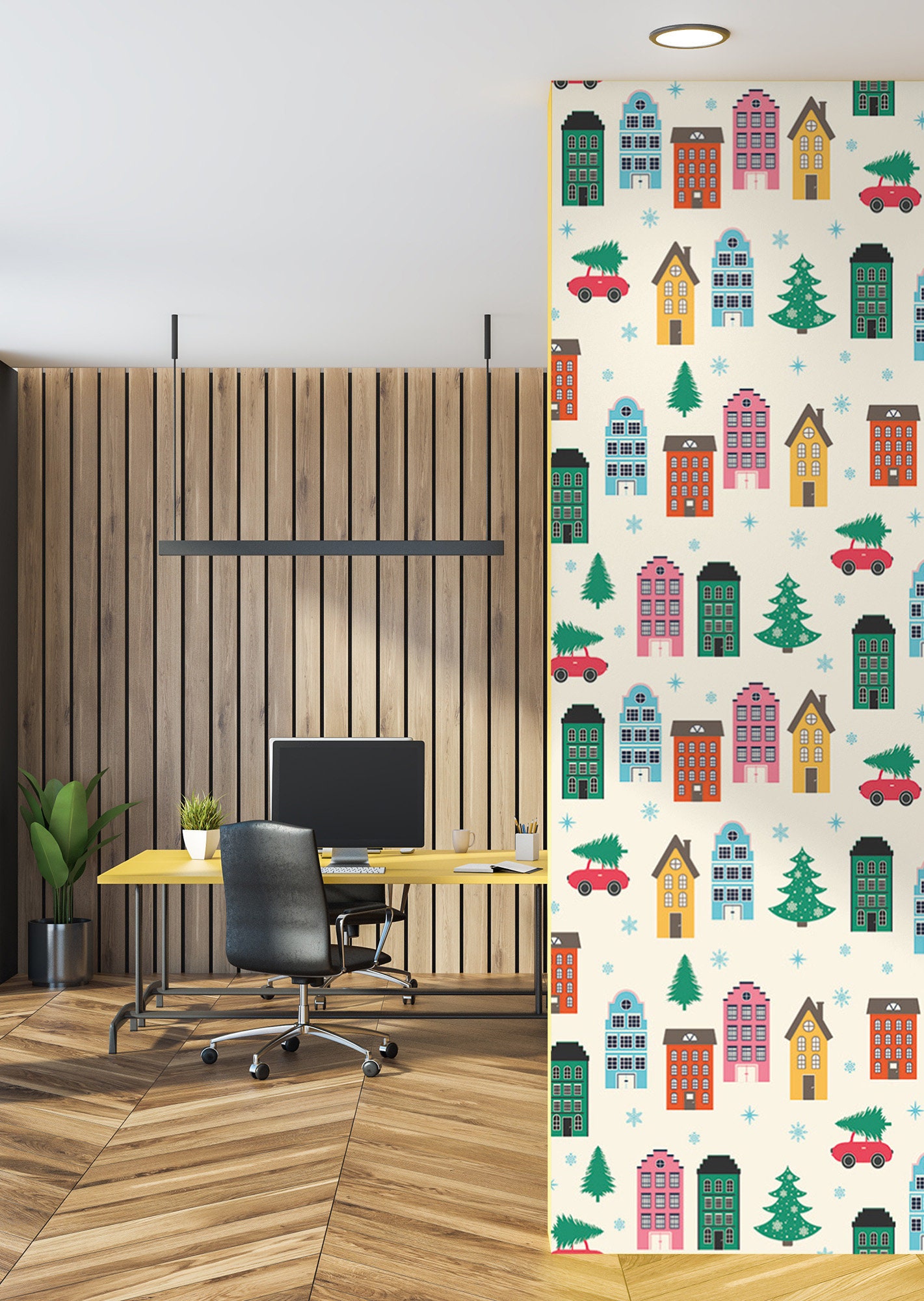 Tenement Houses Cartoon Style Wallpaper, City Buildings Pattern [peel ...