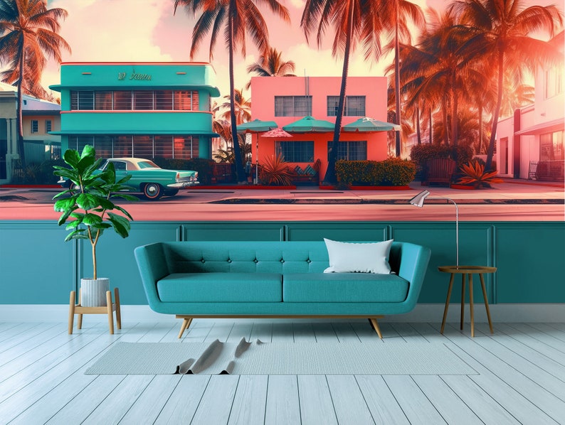 Miami Vibes Wallpaper, Tropical Wallpaper, Retro City Wall Mural, City ...