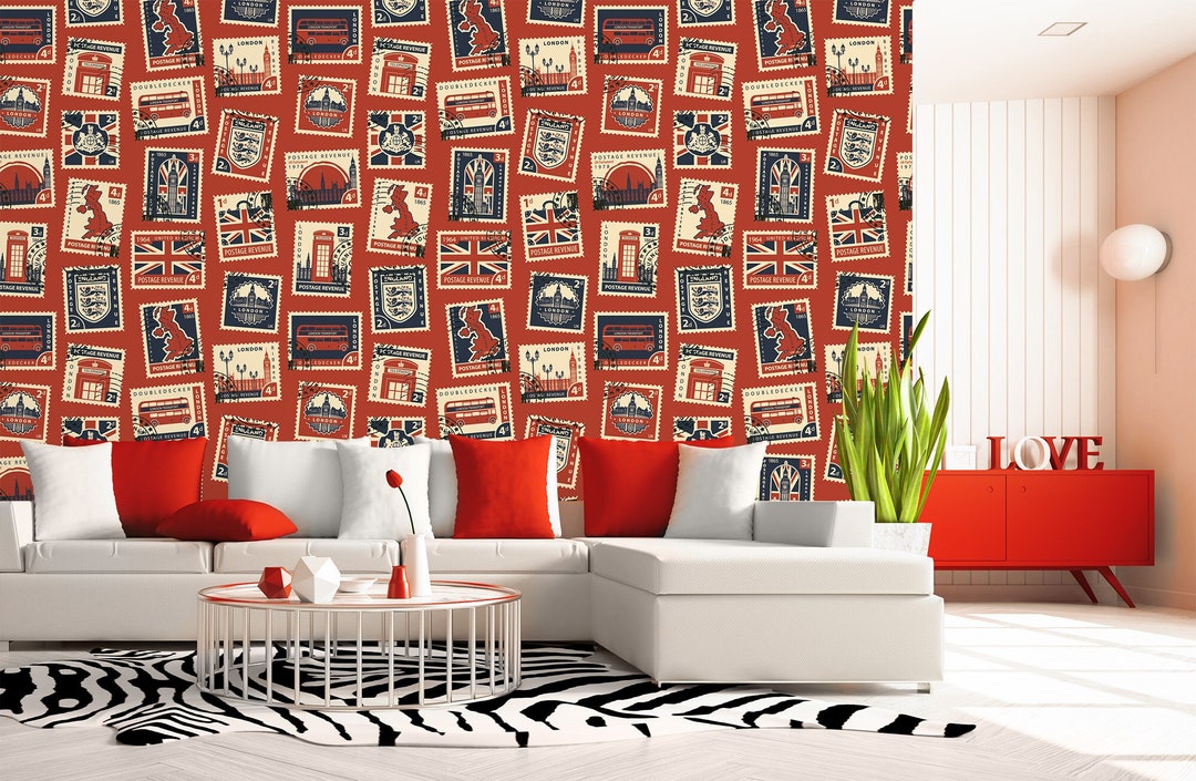Retro UK and London Wallpaper, Red Pattern, Removable Wall Decor [peel ...