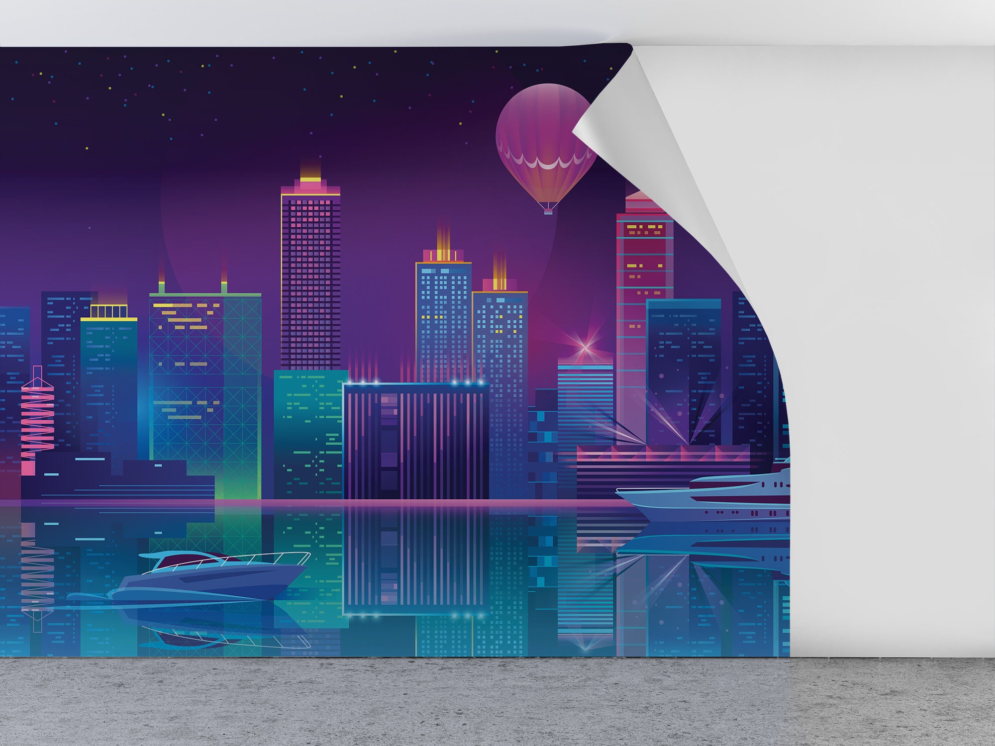 Neon Night City Wall Mural Glowing Skyline Removable Wallpaper Peel and ...