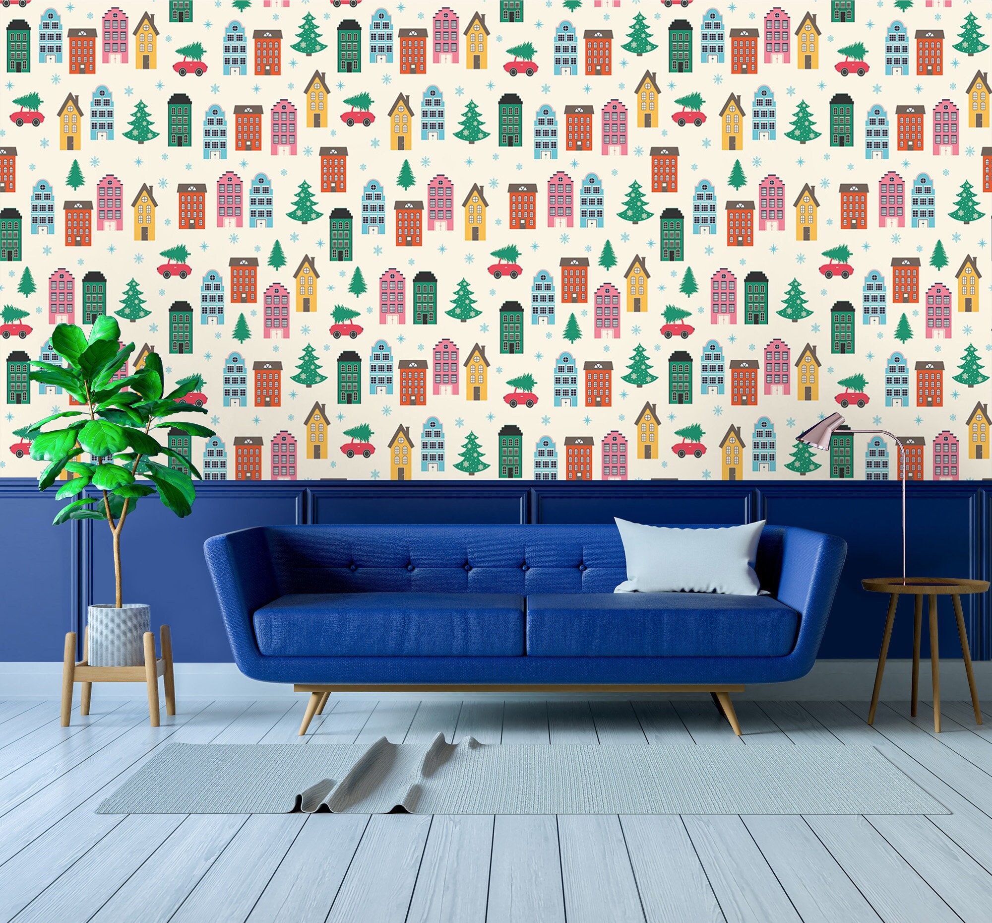 Tenement Houses Cartoon Style Wallpaper, City Buildings Pattern [peel ...