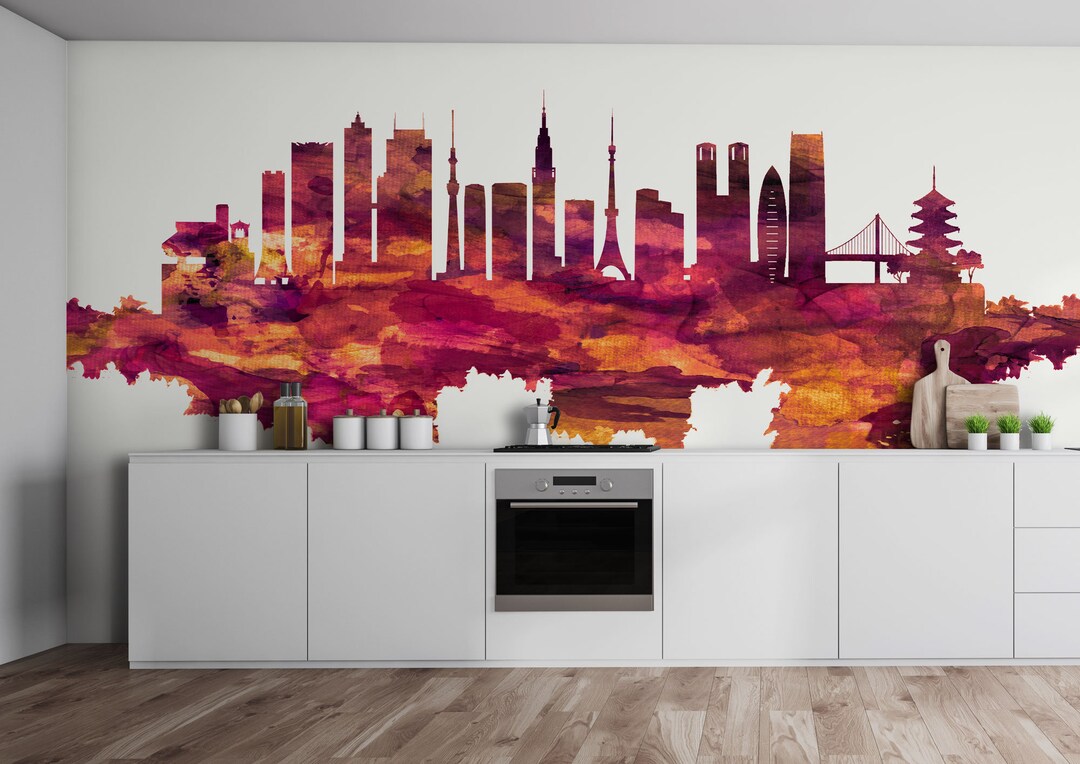 Tokyo Wallpaper, Japan, Skyline in Red | Peel and Stick, Self Adhesive ...