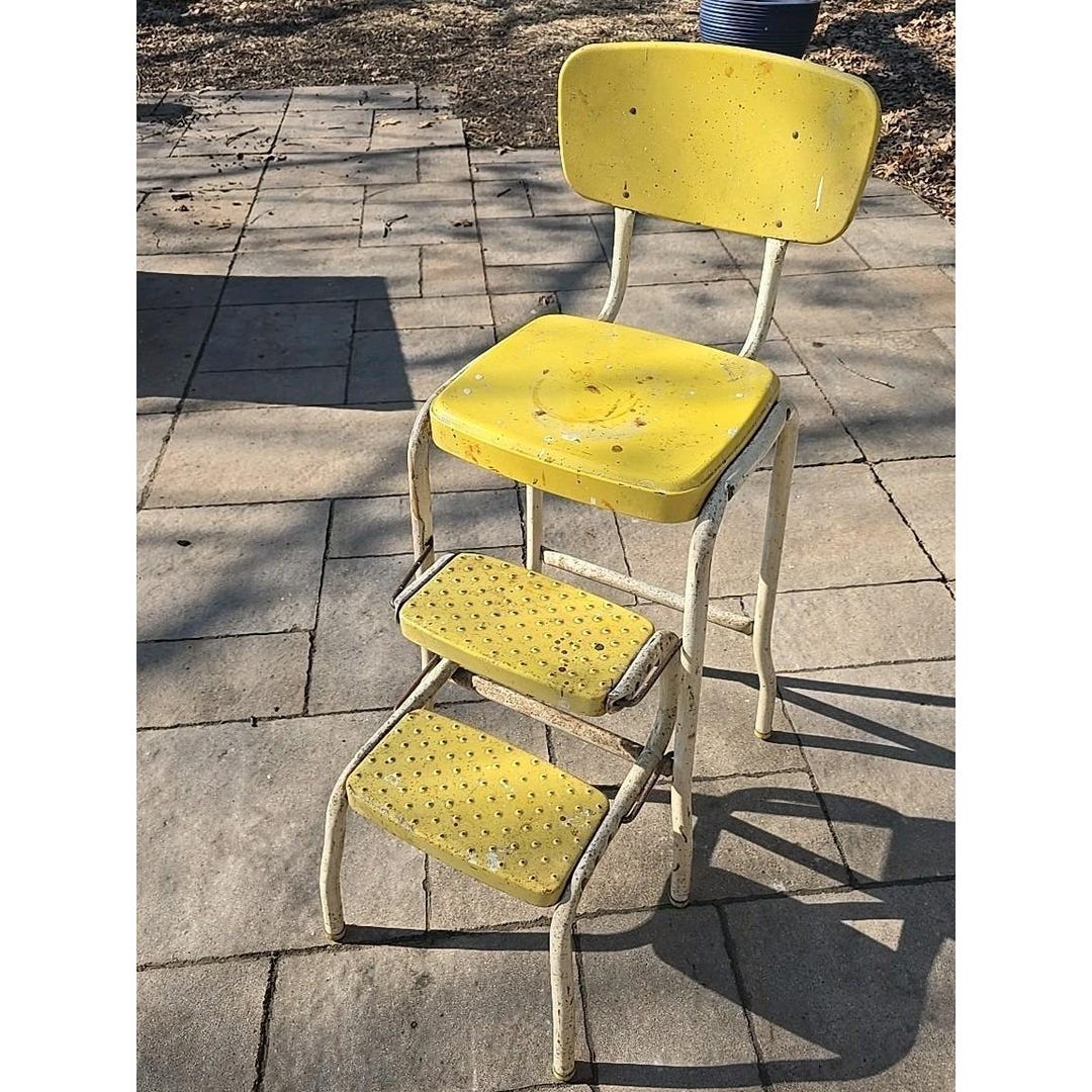 Vtg Yellow Kitchen Metal Step Stool Chair Retro Mid Century Ladder ...