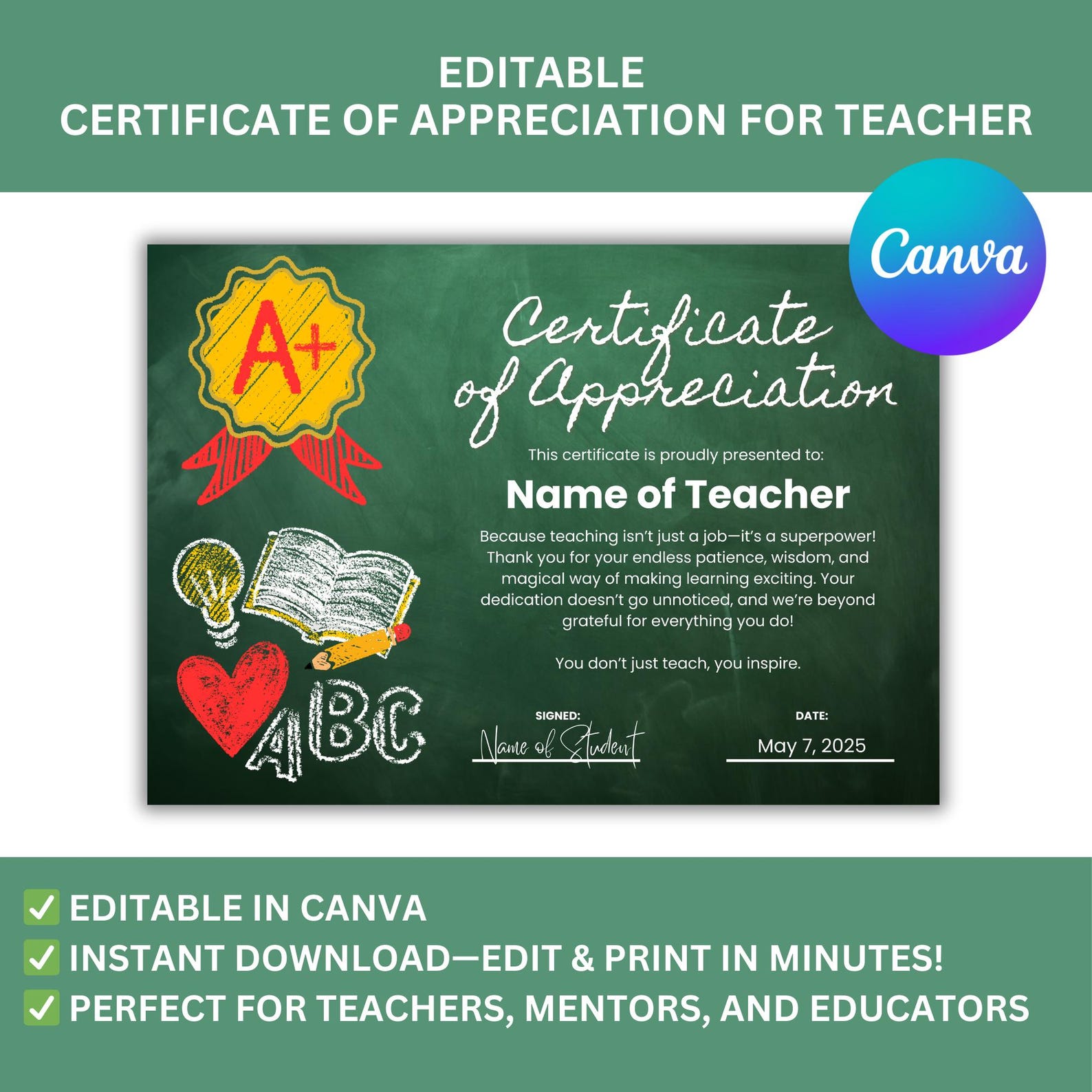 Editable Teacher Appreciation Certificate Template | Instant Download ...