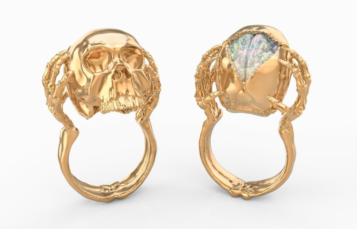 14k Gold Over Brain Ring Skull Ringunique Brain Skull Ring - Etsy