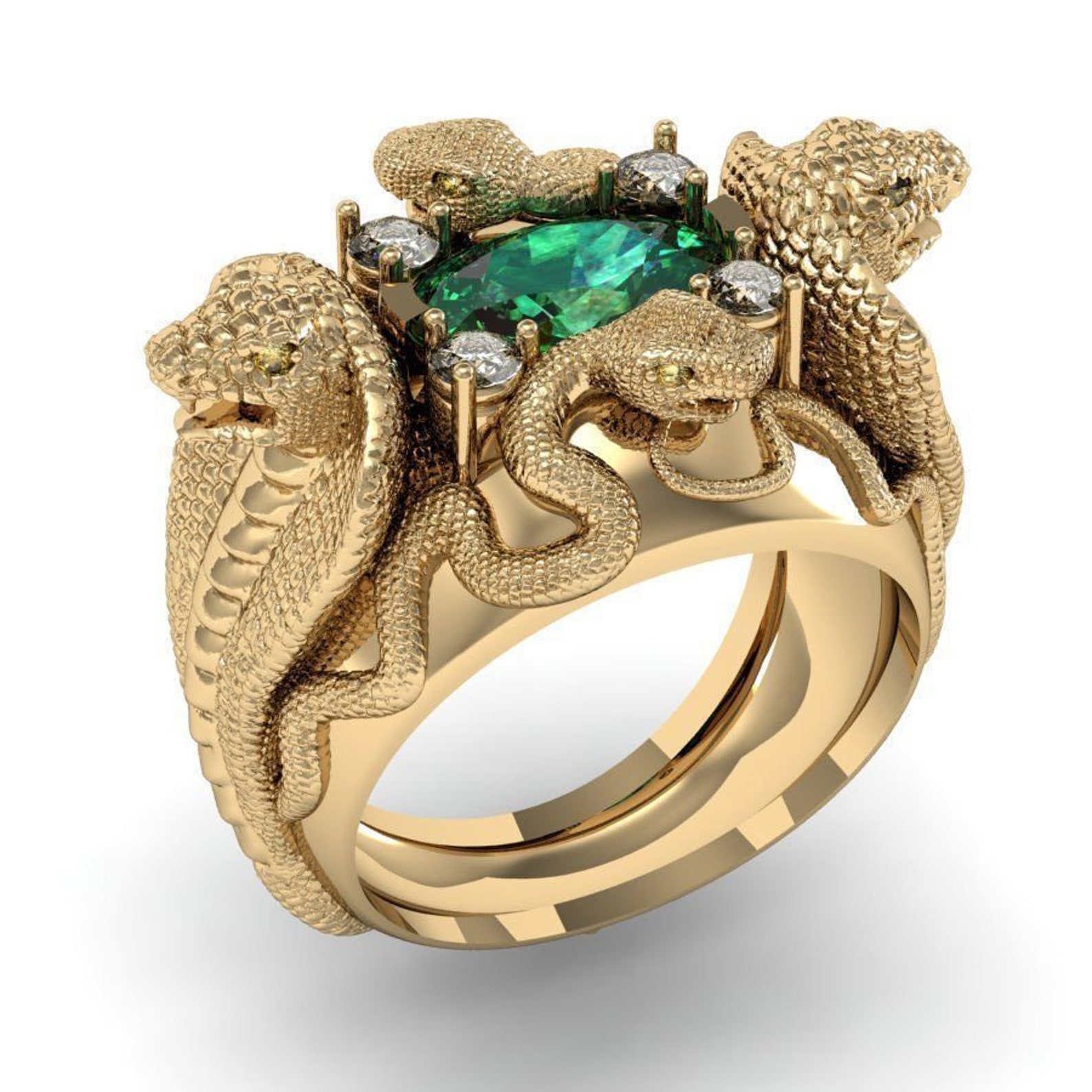 14k Gold Over Diamond Snake Ring Snake Diamond Ring 4 Head Etsy