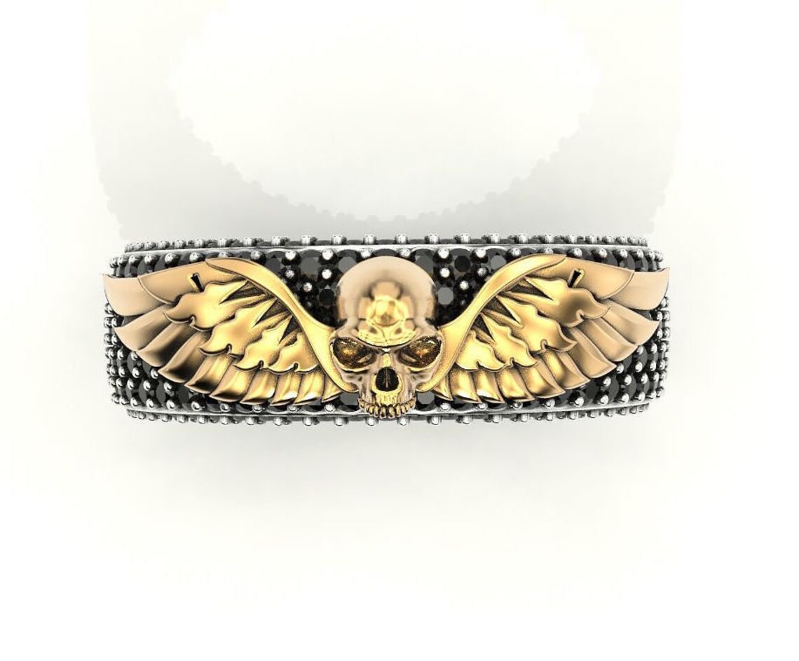 14k Gold Over Diamond Skull Ring Skull Ring Black Diamond Ring - Etsy