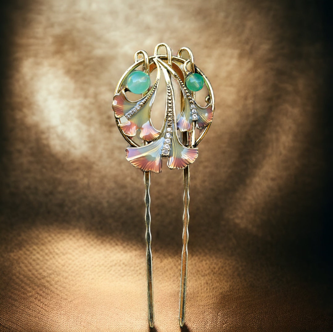 Art Nouveau Long Hair Comb Long 10cm Ginkgo Leaves Enamel - Etsy