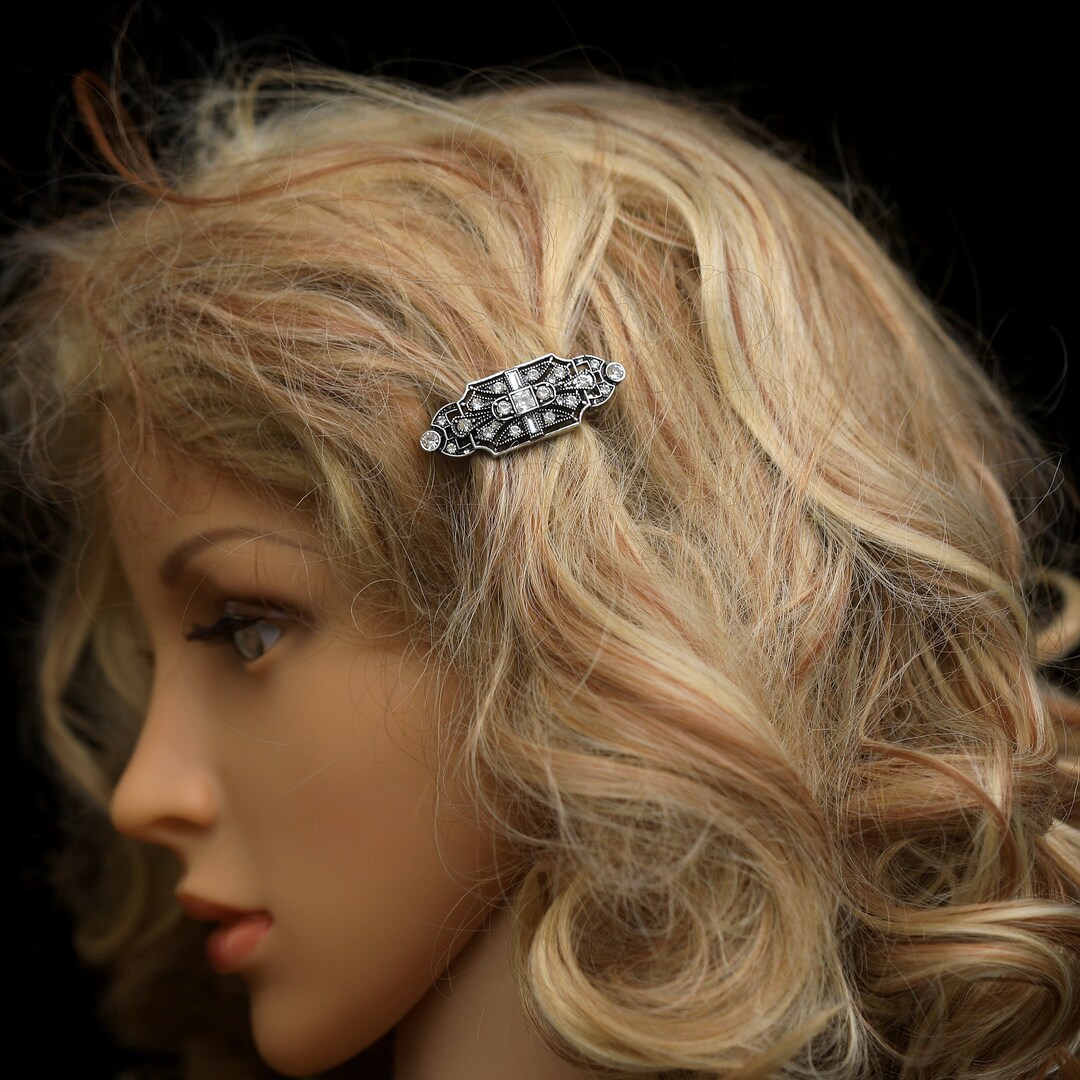Hair Barrette Clips Art Deco Antique Silver Geometric Rectangle Oval ...