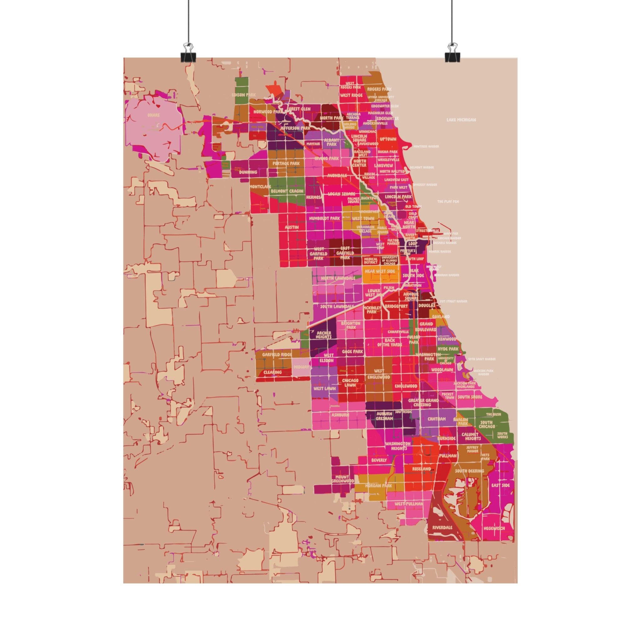 Chicago City Map, Chicago Neighborhood Map, Chicago Print, Chicago ...