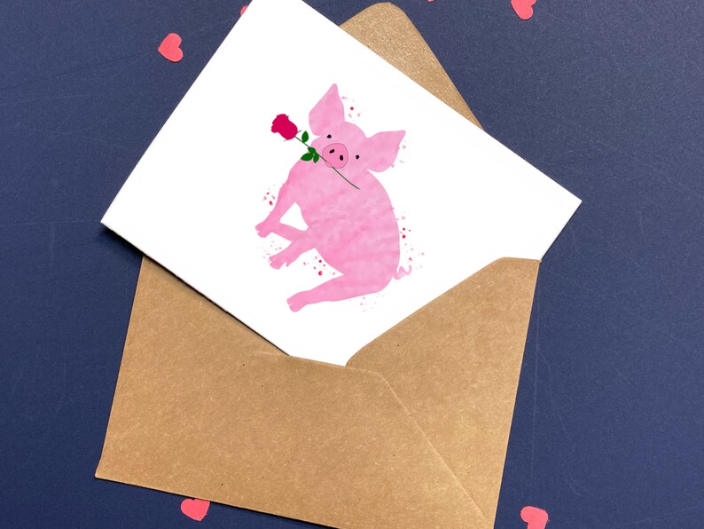 Pig With a Rose Valentine, Cute Piggy Holding a Flower Valentines Day ...