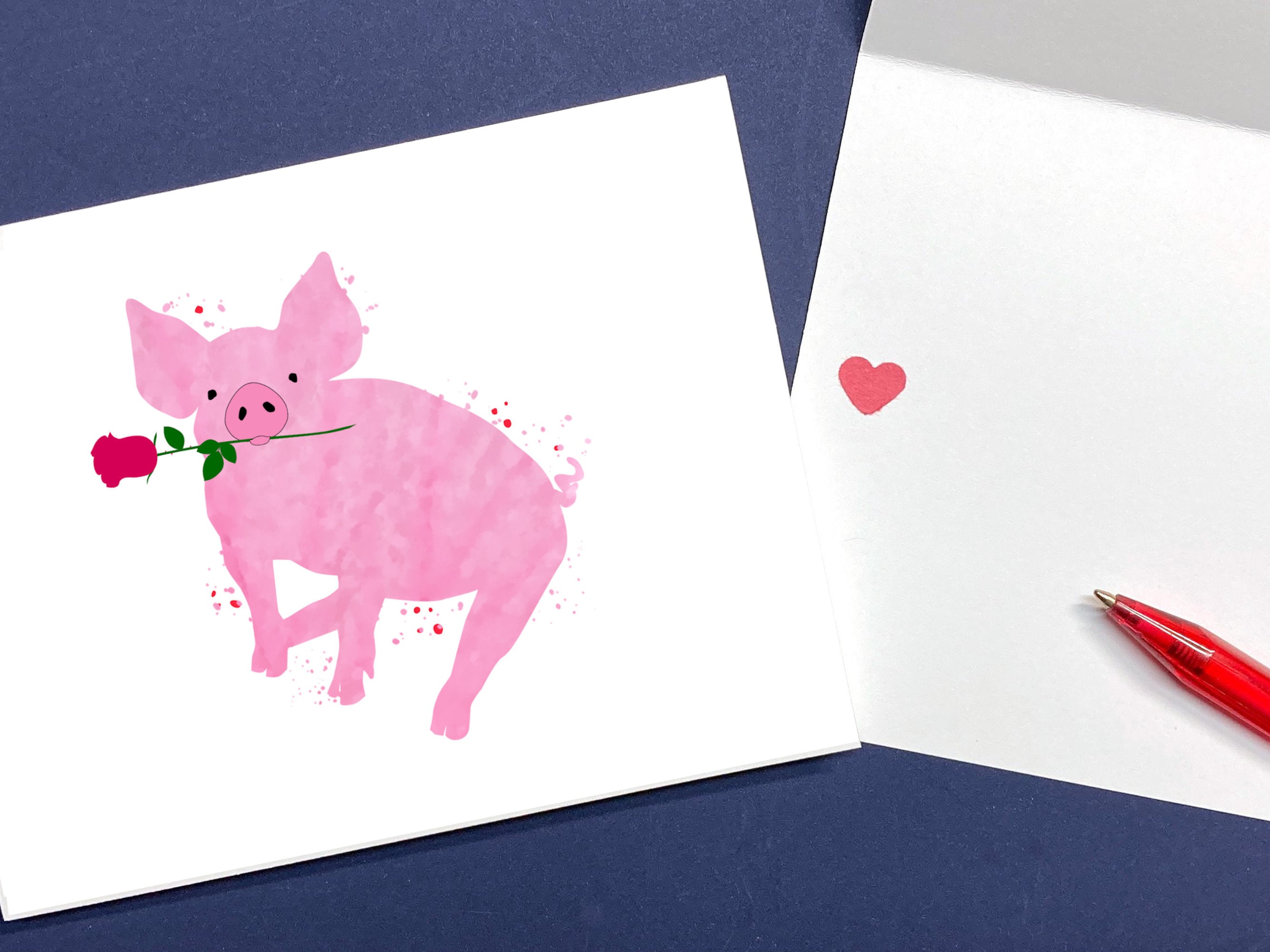 Pig With a Rose Valentine, Cute Piggy Holding a Flower Valentines Day ...
