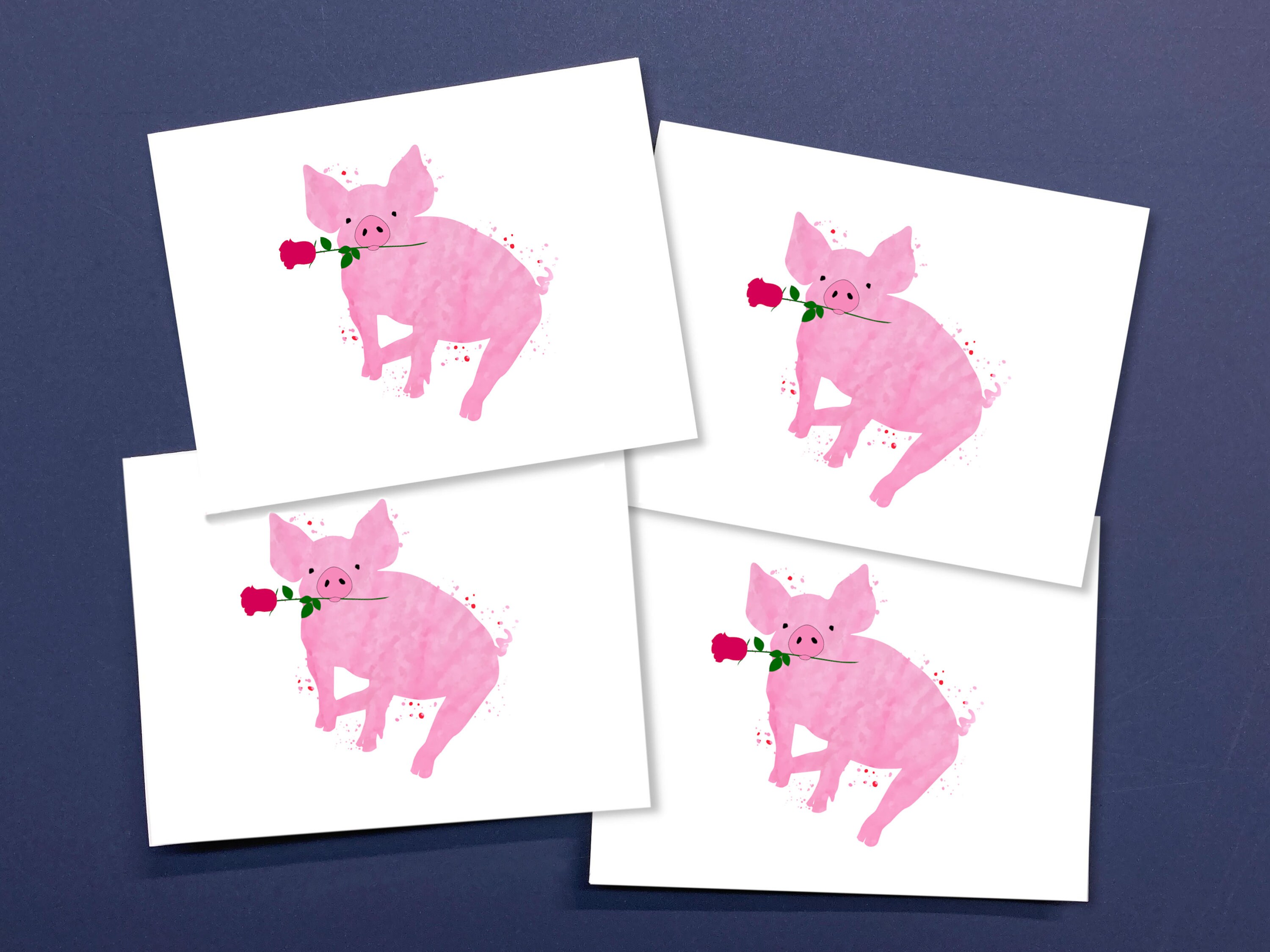 Pig With a Rose Valentine, Cute Piggy Holding a Flower Valentines Day ...