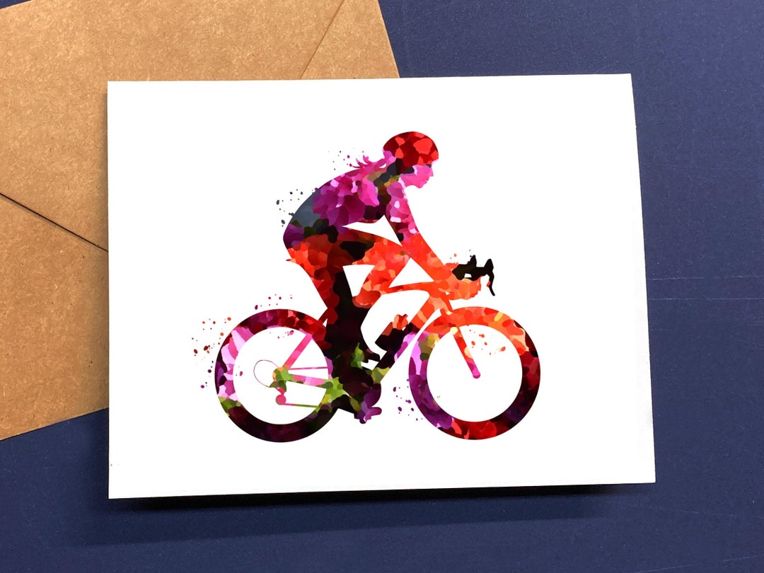Bicycle Card With Female Cycling Bike Art, Woman Cyclist Note Cards ...