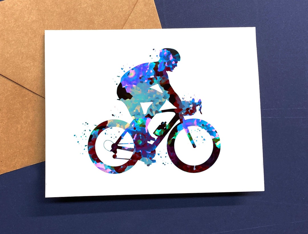 Blue Bicycle Card With Road Bike Cycling Art, Cyclist Note Cards Gift ...