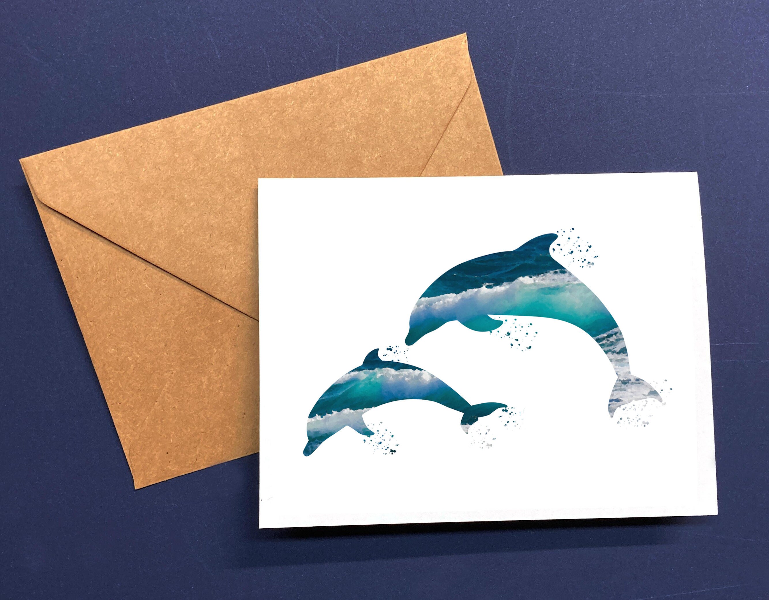 Dolphin Art Greeting Card, Nautical Note Cards, Dolphins Jumping Waves ...