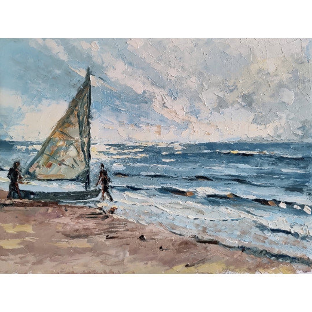 People on the Beach Art Sailboat Art Original Painting Sea View Art Oil ...