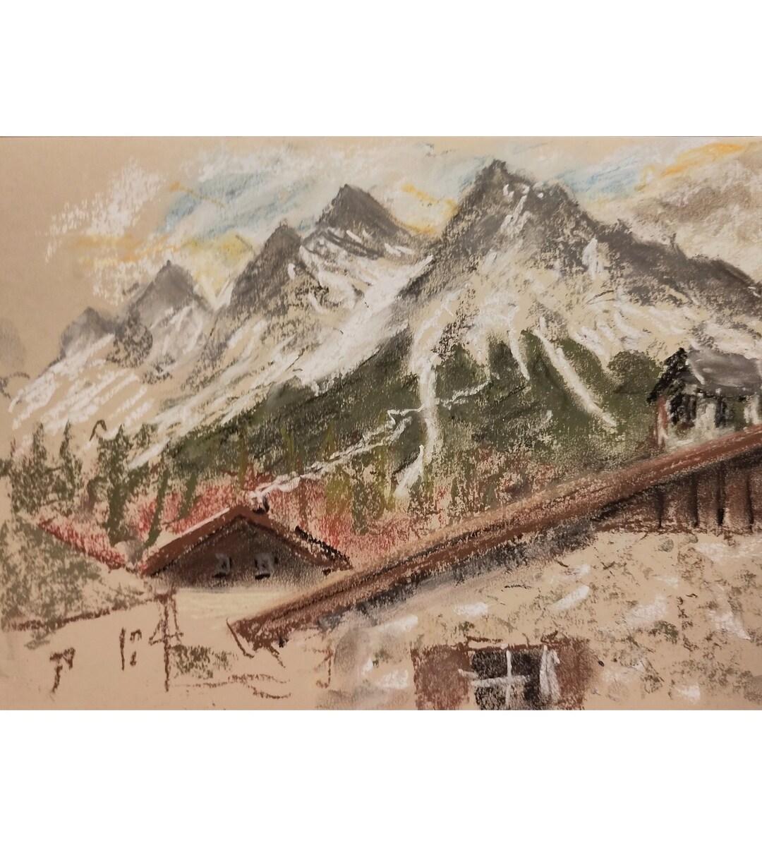 Alpine View Art Original Art Pastel Drawing Mountain Art Alpine ...