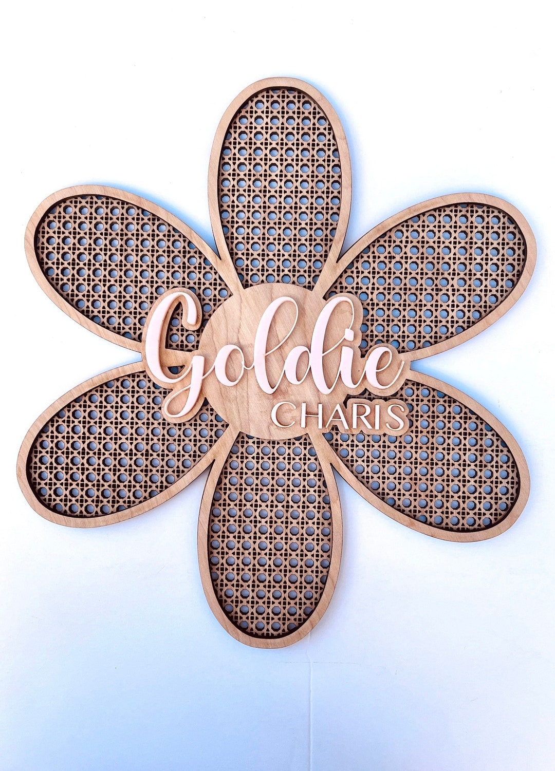 Large Daisy Name Sign Wood Rattan Personalized Nursery Daisy Baby ...