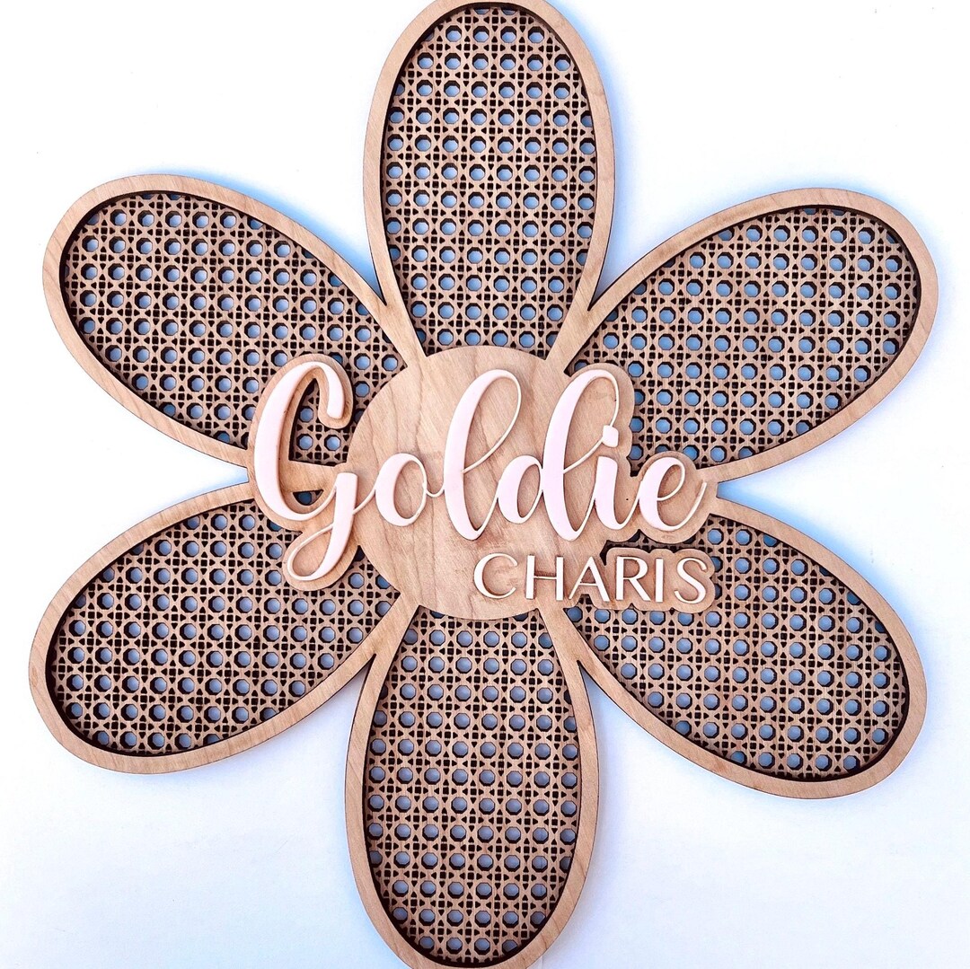 Large Daisy Name Sign Wood Rattan Personalized Nursery Daisy Baby ...
