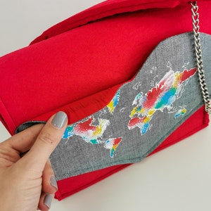Hand Painted Handbag With World Map, Red Shoulder Bag Purse, Chain Link ...