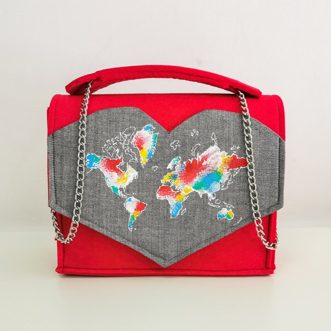 Hand Painted Handbag With World Map, Red Shoulder Bag Purse, Chain Link ...