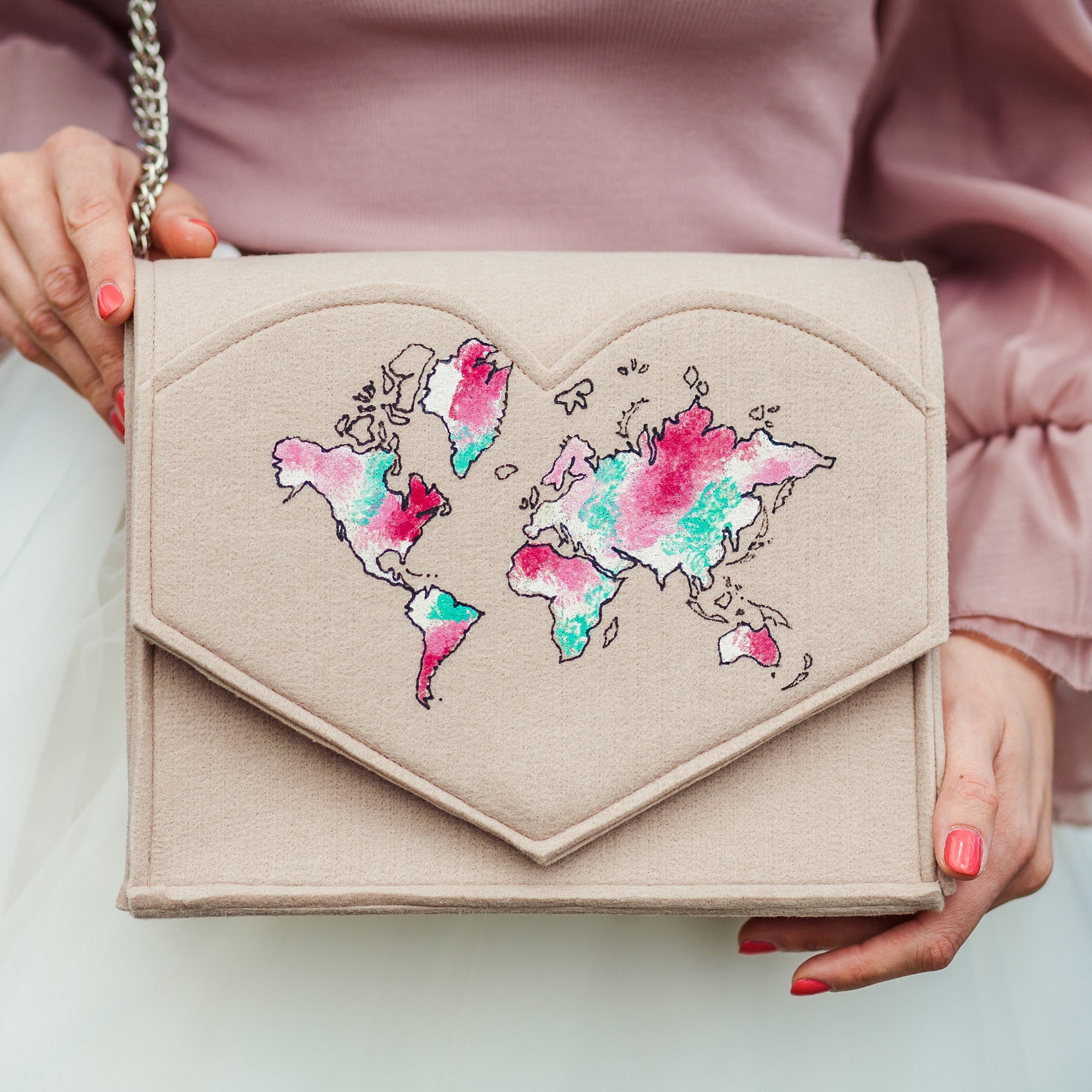 Hand Painted Handbag With World Map, Red Shoulder Bag Purse, Chain Link ...