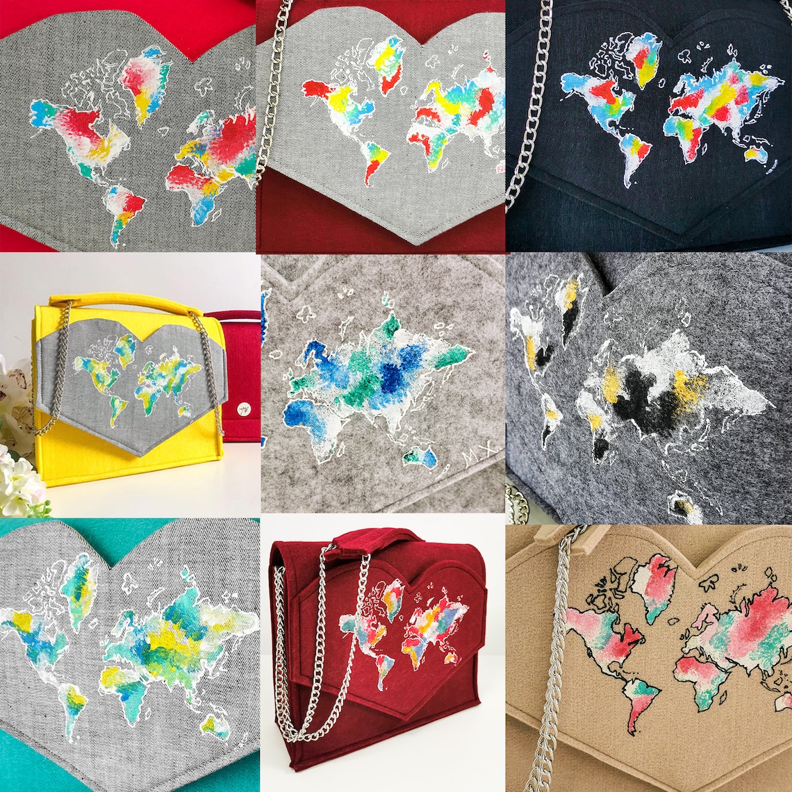 Hand Painted Handbag With World Map, Red Shoulder Bag Purse, Chain Link ...