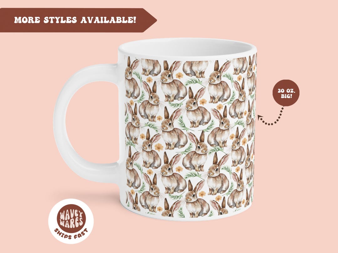 Cute Rabbits Coffee Mug, Big 20oz 15oz Mug, Rabbit Bunny Coffee Cup ...