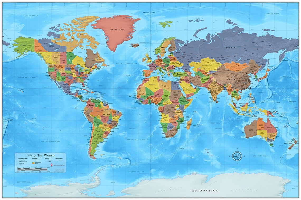 Laminated US & World Map Large Format 24 X 36 United States USA and ...