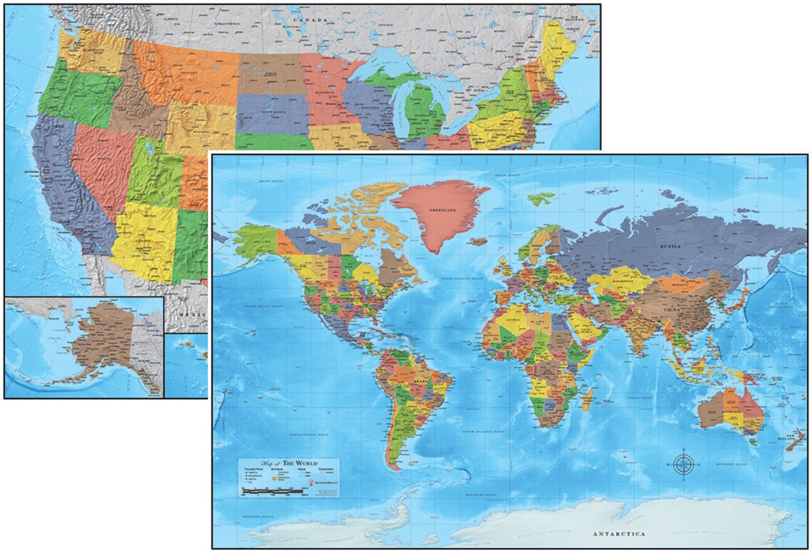 Laminated US & World Map Large Format 24 X 36 United States USA and ...