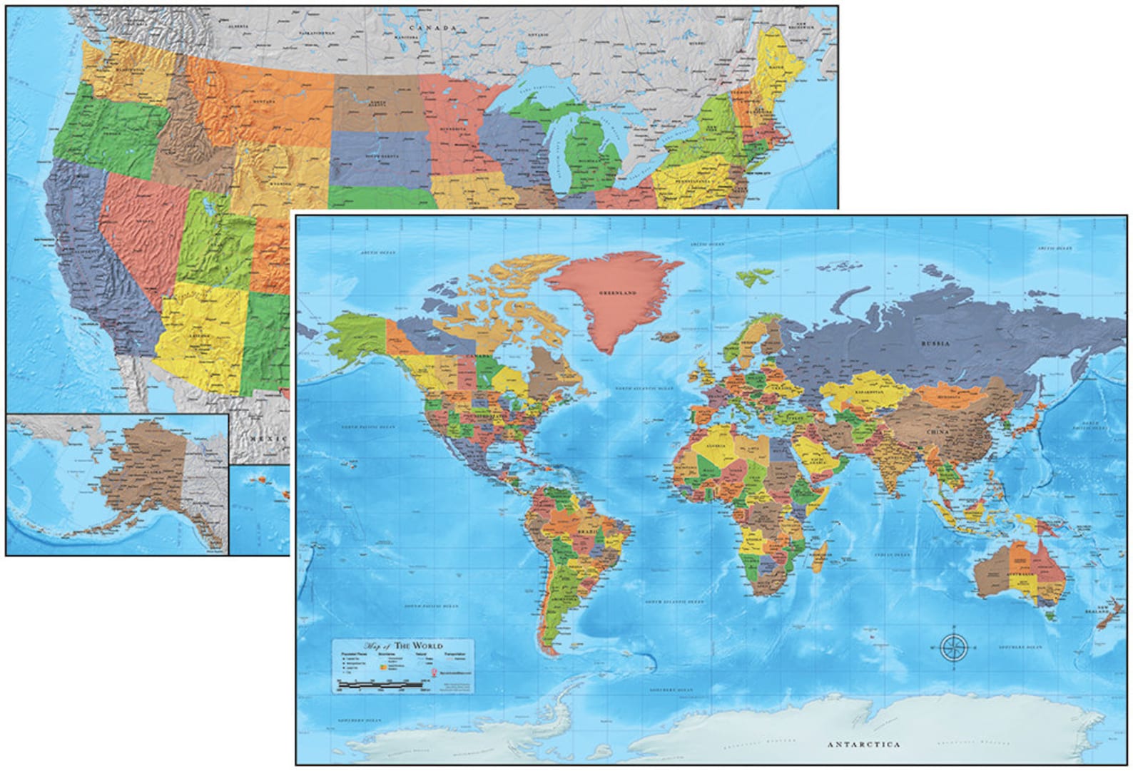 Laminated US & World Map Large Format 24 X 36 United States USA and ...