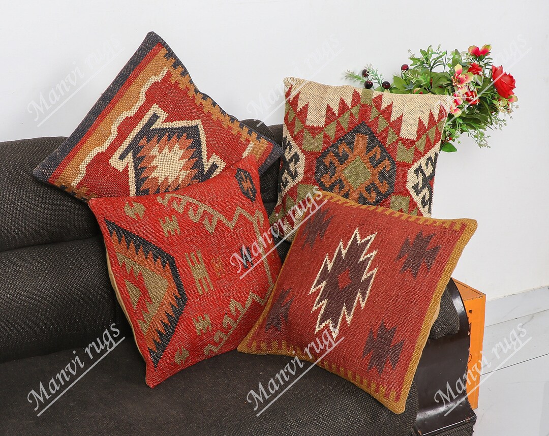 4 Set of Wool Jute Cushion Natural Handmade Cushion Cover Throw Pillow ...