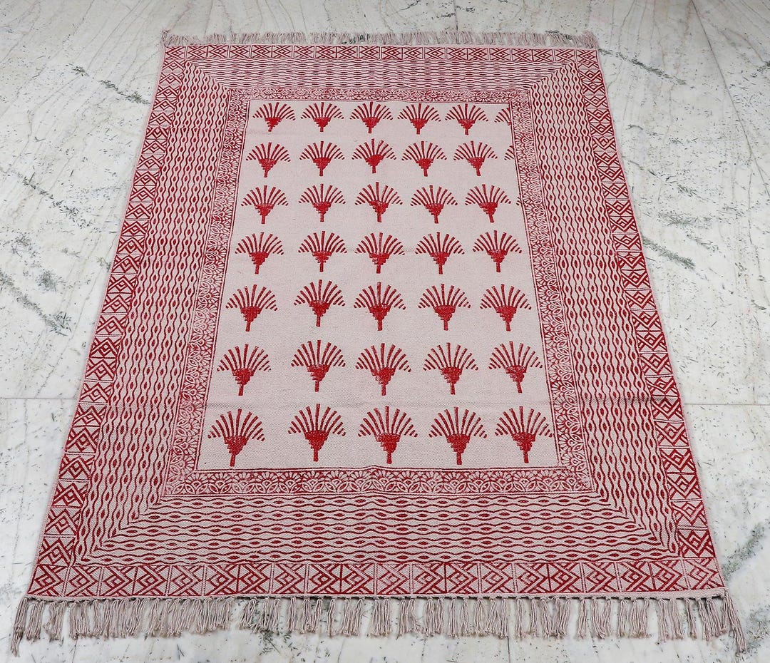 Handmade Indian Rug, Hand Block Print Rug, Outdoor, Dining Room/ Living ...
