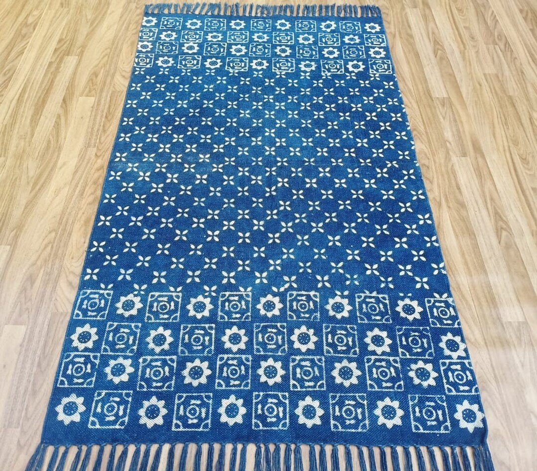 Indigo Blue Rug, Cotton Rug, Block Print Rugs, Handmade Rugs, Living ...