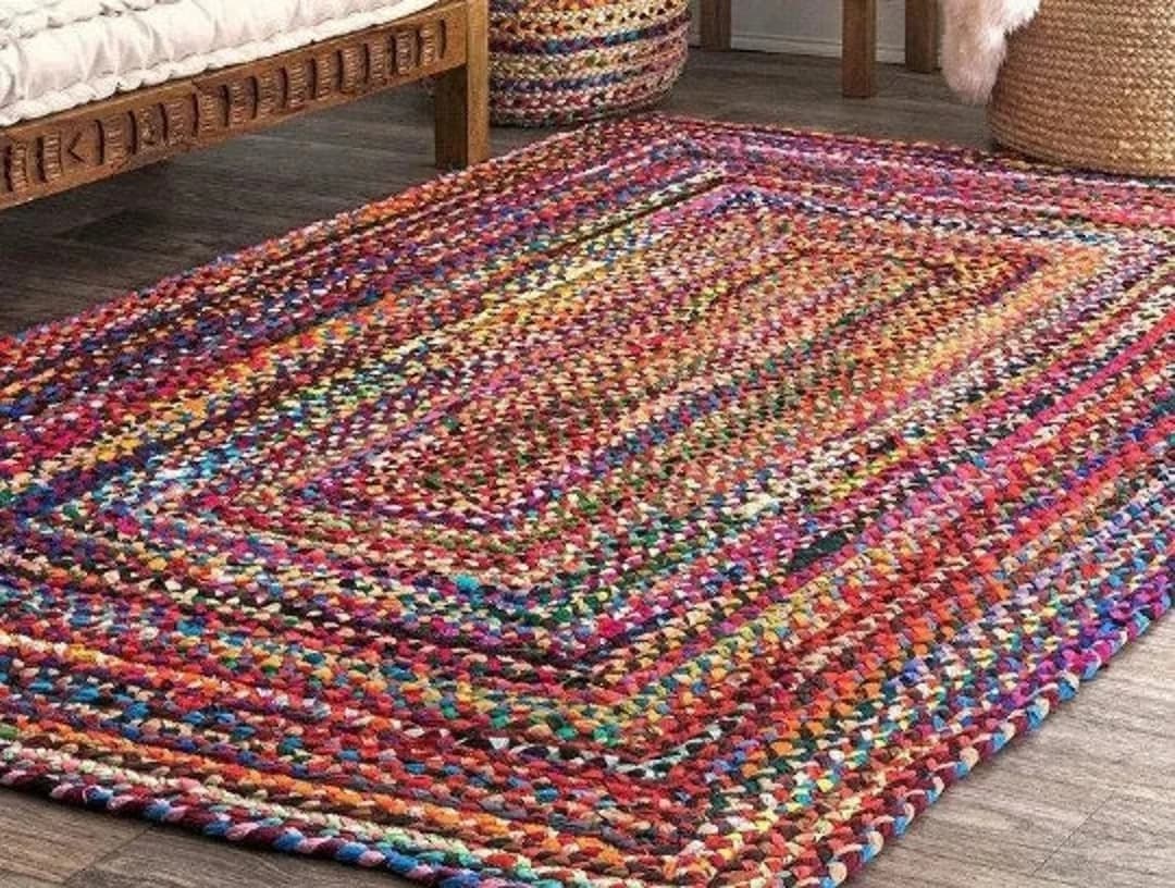Hand Braided Bohemian Colorful Cotton Chindi Area Rug Multi Color Home ...