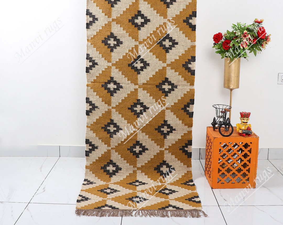 Wool Jute Kilim Dhurrie | Handwoven Wool Jute Runner Bohemian Eco ...