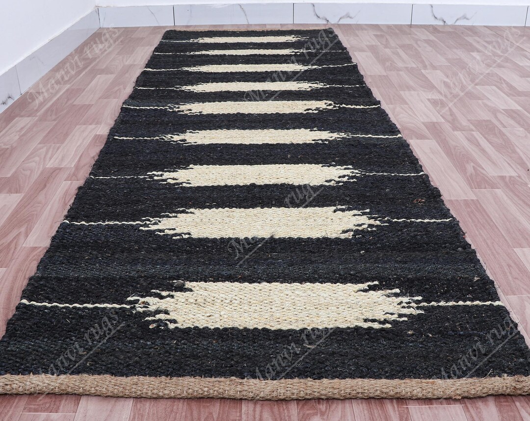 Hand Loomed Natural Jute Rectangle Runner Rug Black and White Hemp Jute ...
