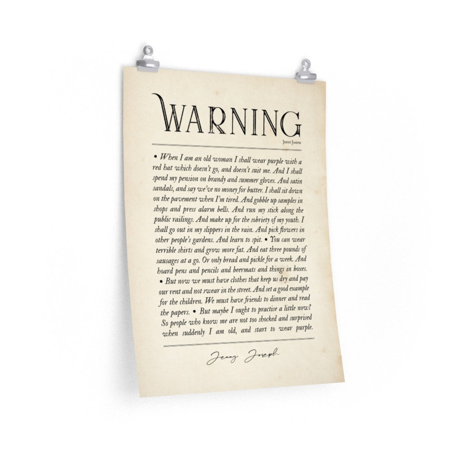 Warning Poem Print, Jenny Joseph, When I Grow Old I Shall Wear Purple ...